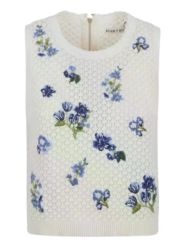Alice + Olivia Floral Embroidered Knit Top - White
