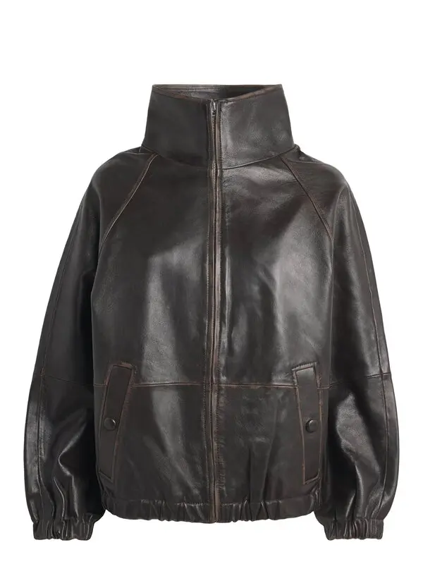 Sandro Oversized Leather Jacket - Brown