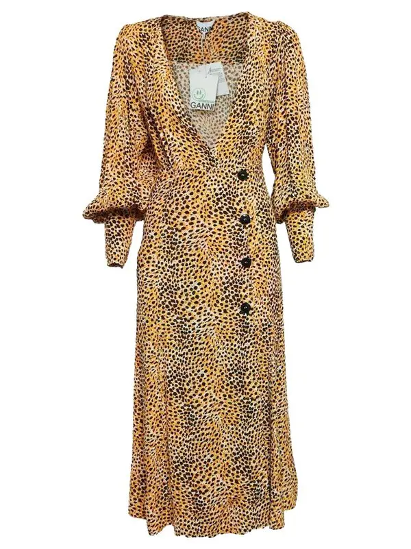 GANNI Puff-sleeve Leopard-print Midi Dress - Yellow