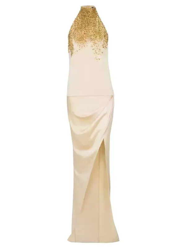 Balmain Halterneck Embroidered Silk Maxi Dress - Neutrals