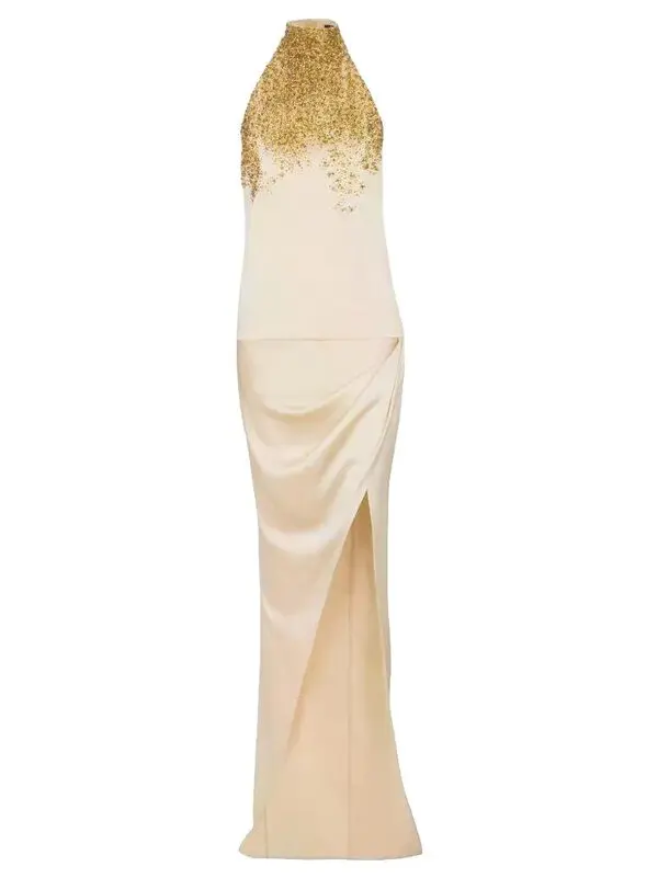 Balmain Halterneck Embroidered Silk Maxi Dress - Neutrals