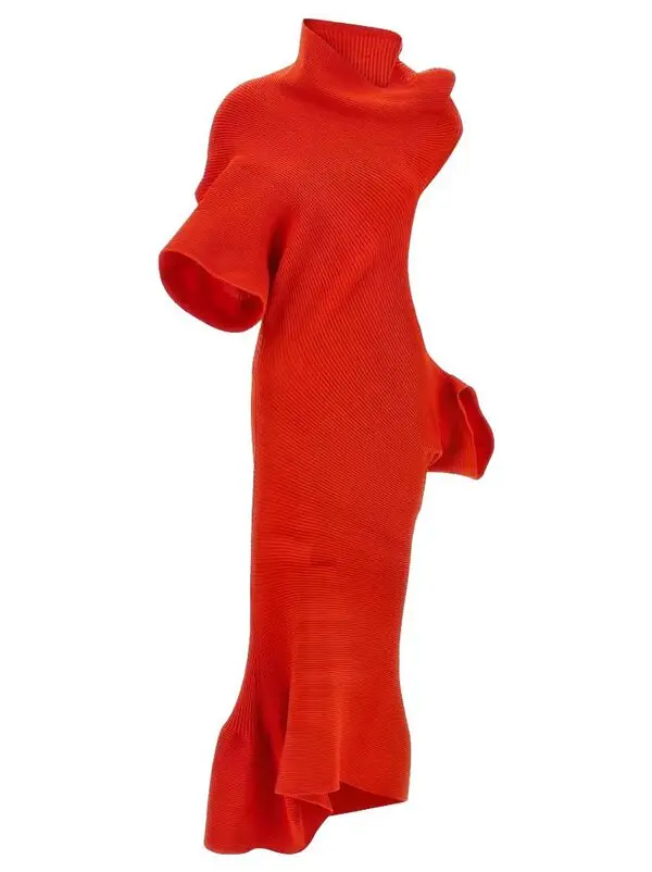 Issey Miyake Life Form Asymmetric Ribbed Dress - Red