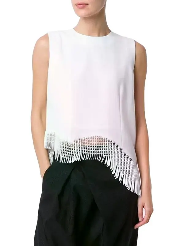 Noir Kei Ninomiya Curved Fringed Hem Top - White