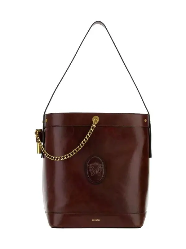 Versace Large Pivot Leather Bucket Bag - Brown