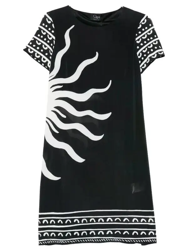 CLIPS Graphic-print Short-sleeve Dress - Black