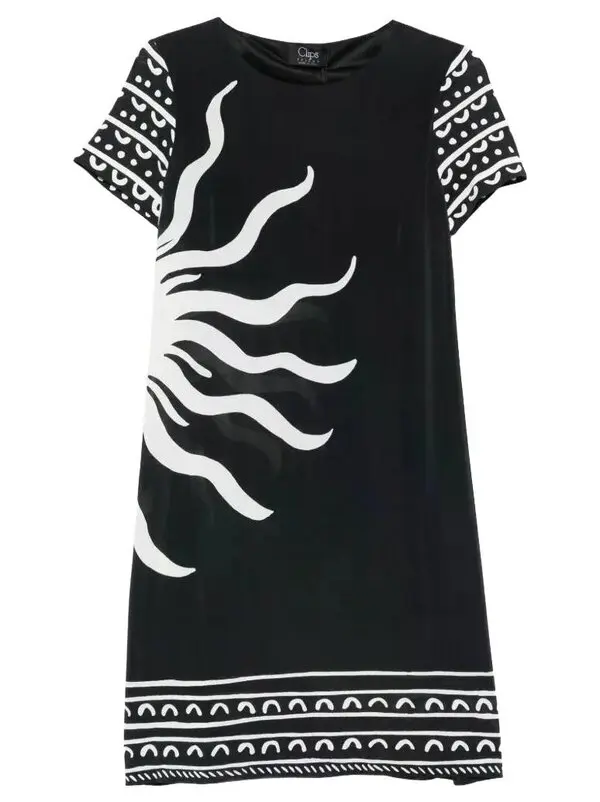 CLIPS Graphic-print Short-sleeve Dress - Black