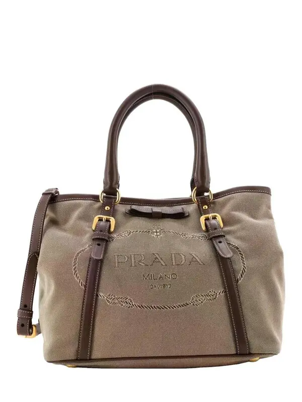 Prada Logo Convertible Canvas Medium Tote Bag - Brown