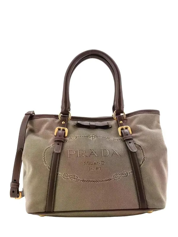 Prada Logo Convertible Canvas Medium Tote Bag - Brown