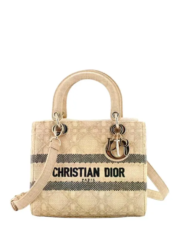 Dior Lady D-lite Cannage Embroidered Raffia Medium Satchel - Neutrals