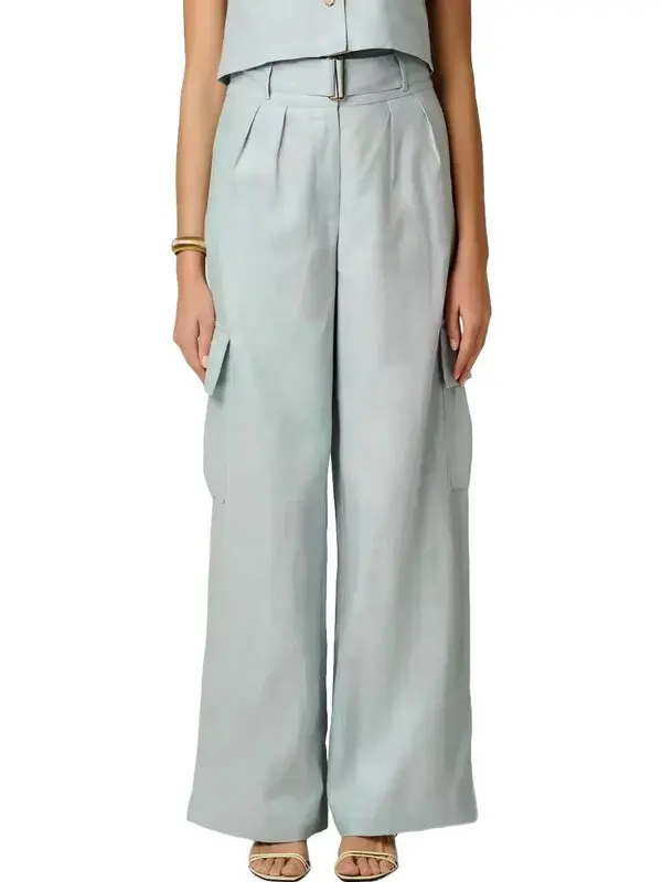 HEVRON Belted Pleated Wide Leg Pants - Blue