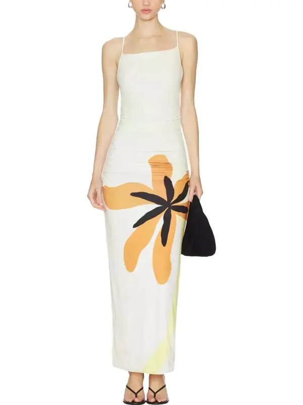 CALA DE LA CRUZ Kim Floral-print Ruched Dress - Neutrals