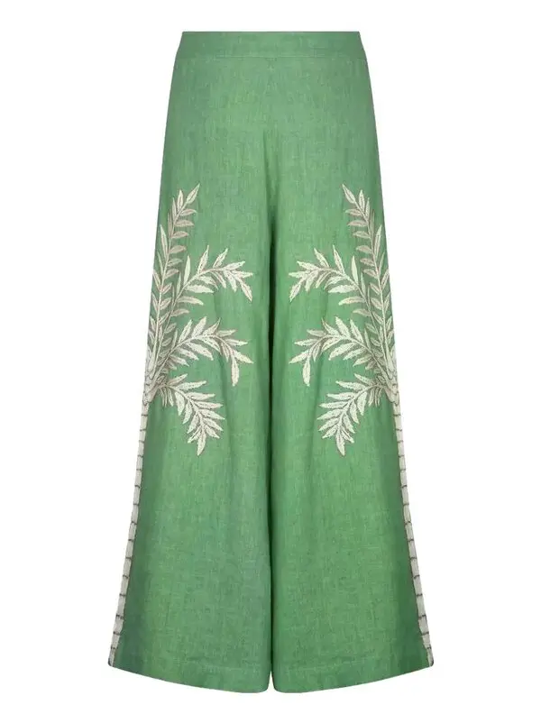 Carolina K Palm-tree Embroidered Palazzo Pants - Green