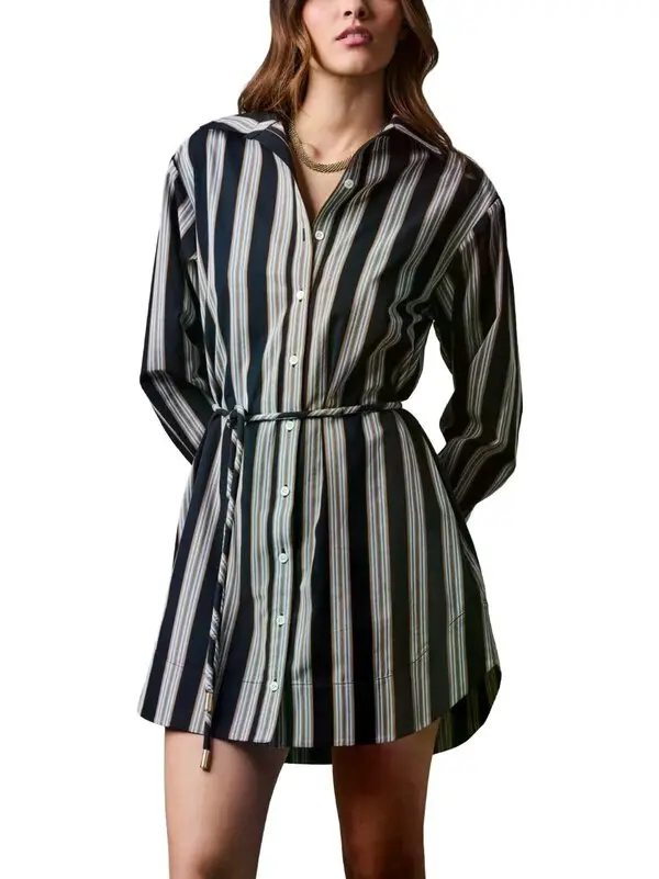 HEVRON Abby Striped Belted Shirt Dress - Black