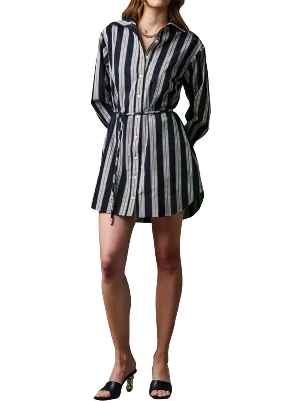 HEVRON Abby Striped Belted Shirt Dress - Black