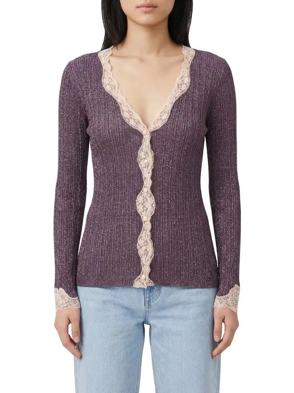 Valentino Garavani Lurex Viscose Knit And Lace Cardigan - Violet