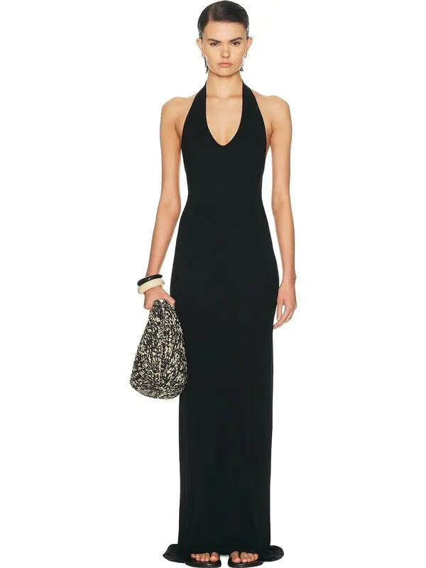 Enza Costa Silk Rib U Neck Halter Fluid Maxi Dress - Black