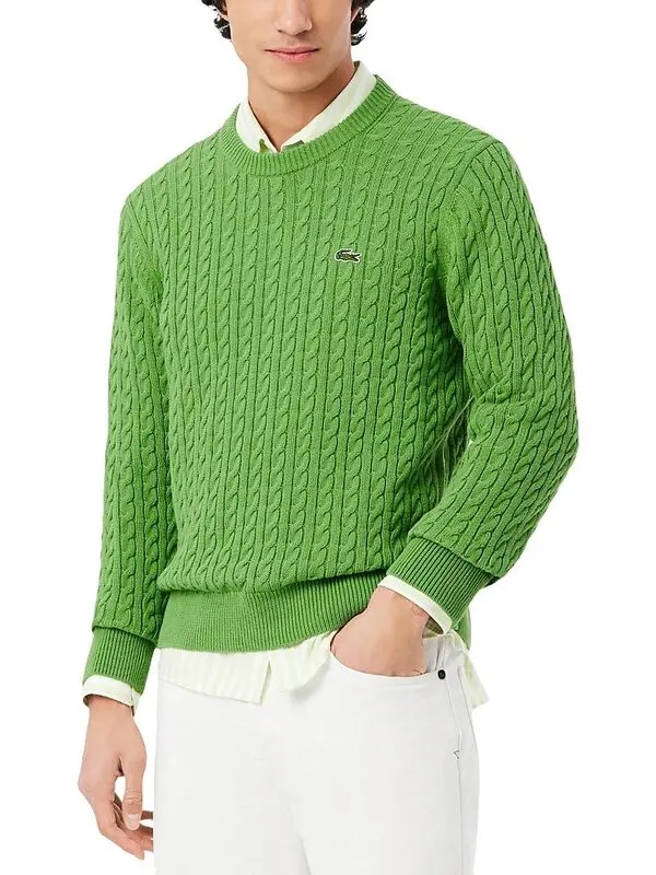 Lacoste Cable Knit Cotton Sweater With Crew Neck - Vert/blanc