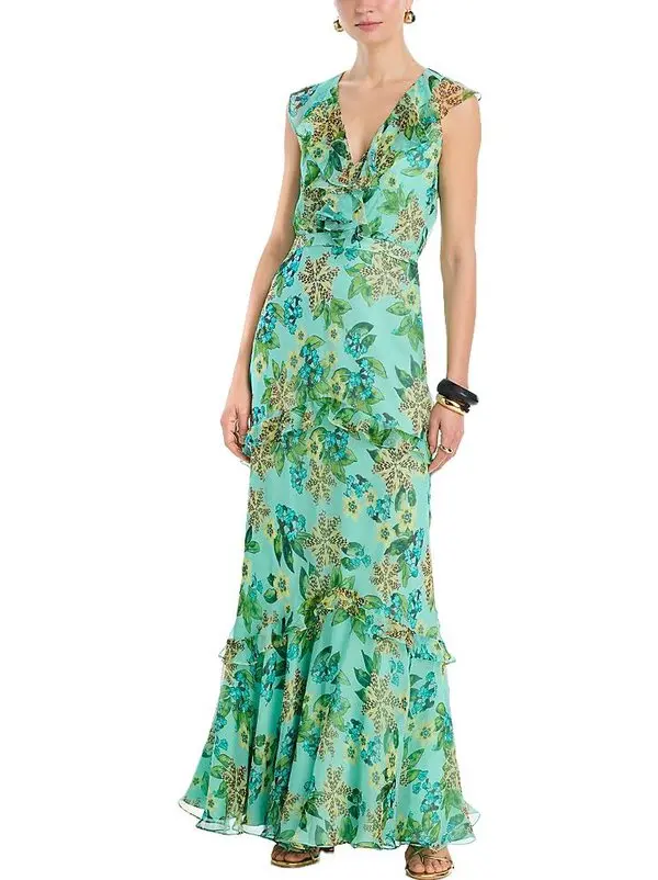 Saloni Rita Silk Dress - Fiori Mint