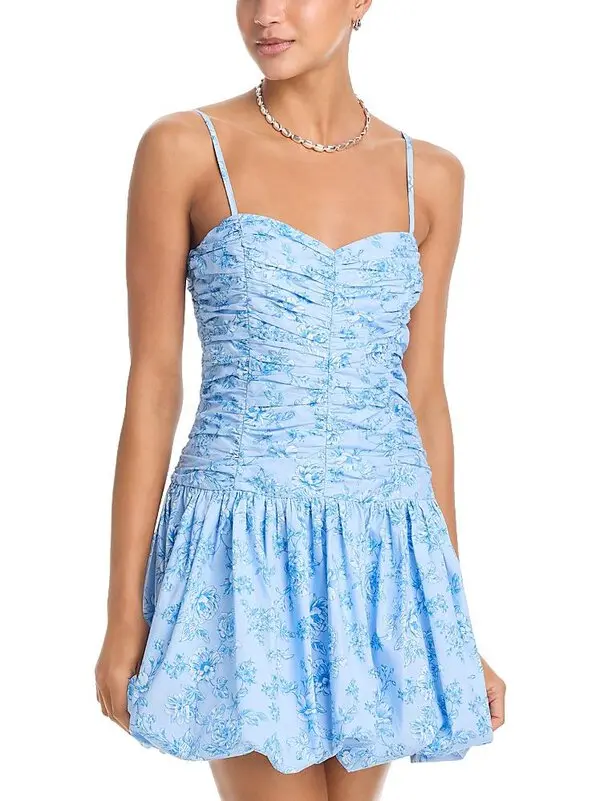 Aqua Rose Bud Gathered Mini Dress - Blue Multi