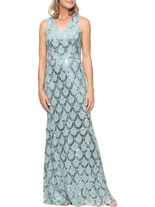 Alex Evenings Sequin Sleeveless Column Gown - Sea