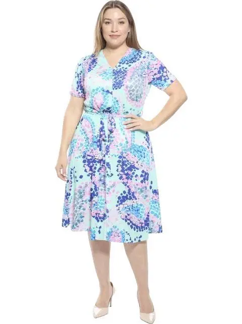 24SEVEN COMFORT APPAREL Curvy Essential A-line Midi Dress - Blue Multi