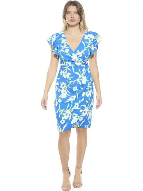 24SEVEN COMFORT APPAREL Floral Flutter Sleeve Faux Wrap Knee Length Dress - Blue Multi