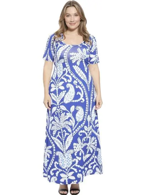 24SEVEN COMFORT APPAREL Curvy Essential Paisley A-line Maxi Dress - Blue Multi