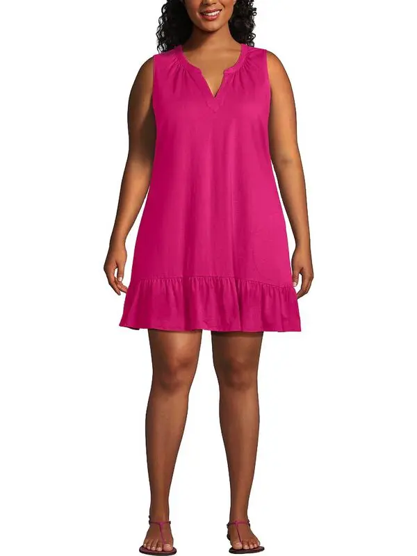 LANDS' END Sleeveless Cotton Jersey Notch Neck Flounce Dress - Cherry Fuchsia