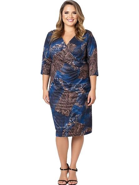 24SEVEN COMFORT APPAREL Curvy Essential Faux Wrap Dress - Blue Multi