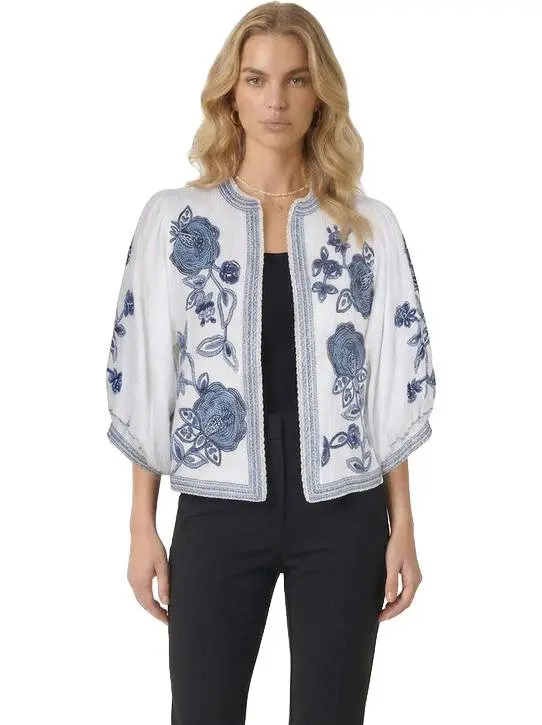 MODENAIRE Floral Embroidered Open Front Jacket - White