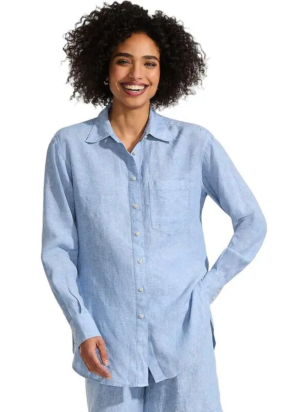 LANDS' END Linen Oversized Button-front Tunic - Soft Blue Linen
