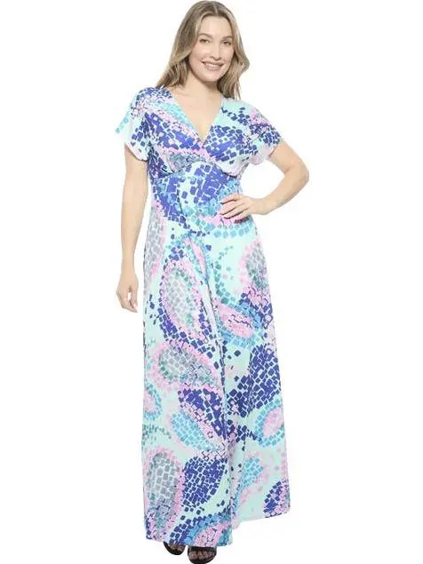 24SEVEN COMFORT APPAREL Essential V-neck Empire Waist Maxi Dress - Blue Multi