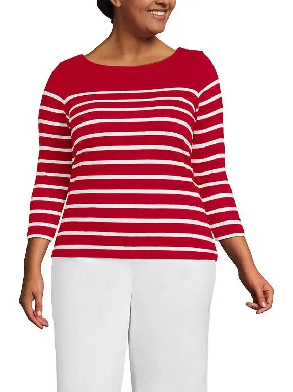 LANDS' END Mariner Jersey Boatneck Top - Compass Red Stripes