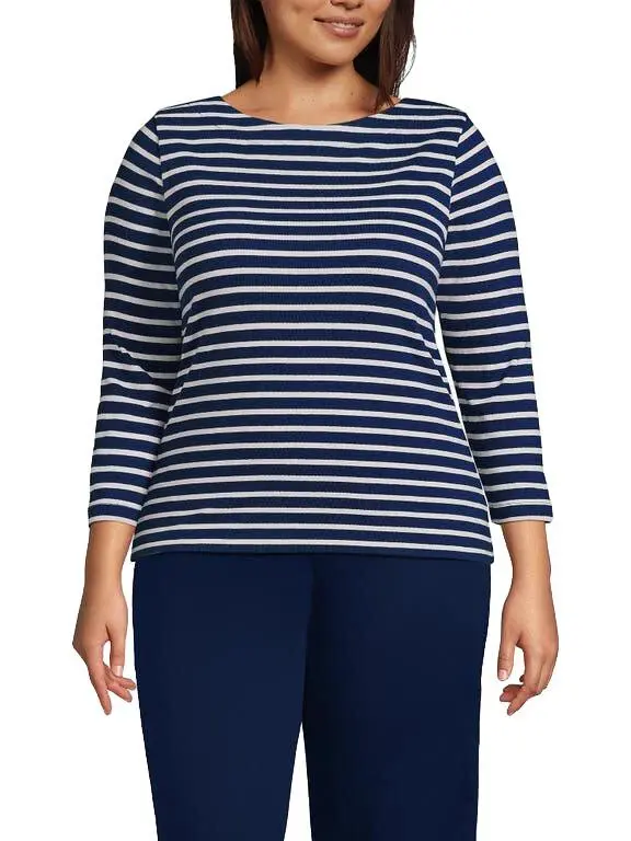 LANDS' END Mariner Jersey Boatneck Top - Deep Sea/ivory Breton Stripe
