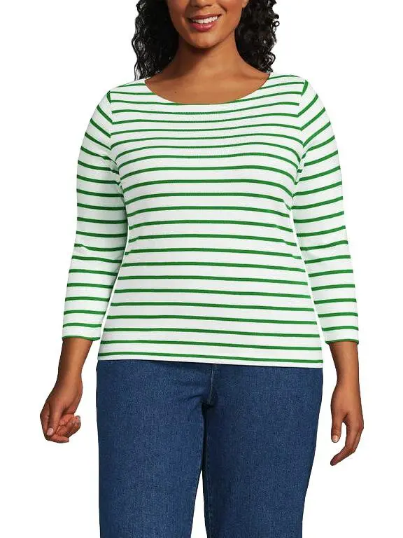 LANDS' END Mariner Jersey Boatneck Top - Ivory/true Green Breton Stripe