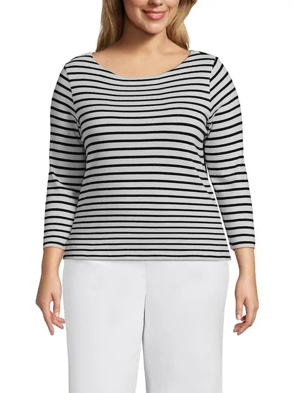 LANDS' END Mariner Jersey Boatneck Top - Oyster/black Breton Stripes