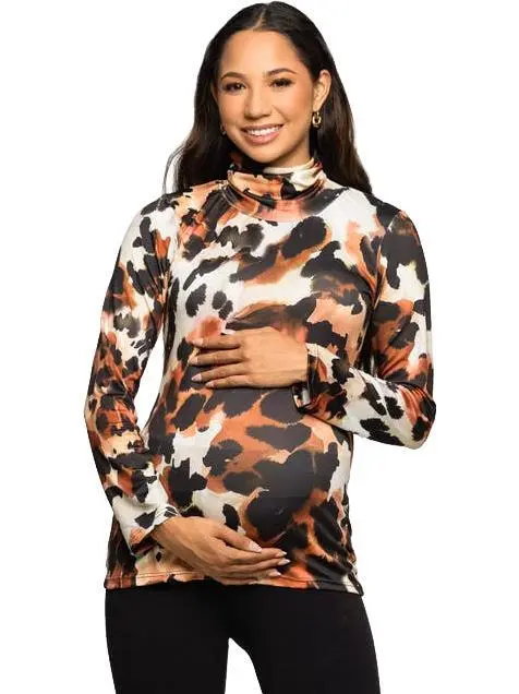 24SEVEN COMFORT APPAREL Maternity Animal Print Turtleneck Top - Brown Multi