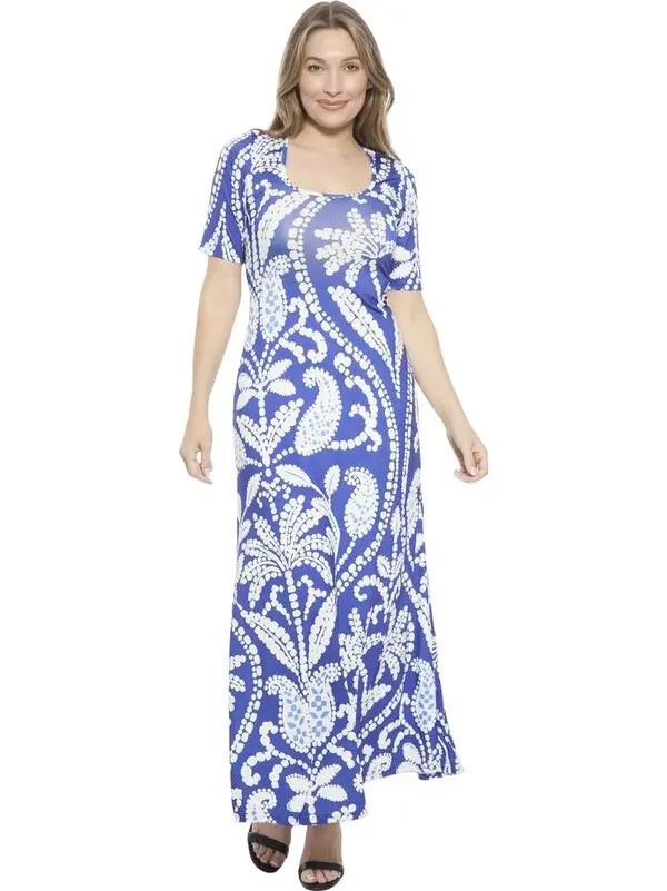24SEVEN COMFORT APPAREL Paisley Print A-line Maxi Dress - Blue Multi
