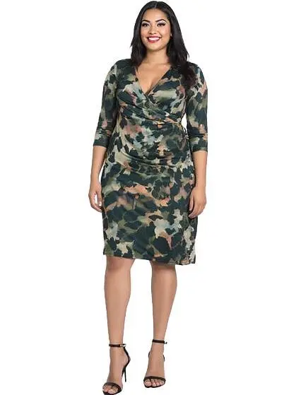 24SEVEN COMFORT APPAREL Curvy Essential Three Quarter Sleeve Wrap Dress - Green Multi
