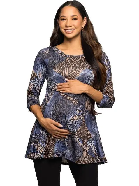 24SEVEN COMFORT APPAREL Maternity Animal Print Tunic Top - Blue Multi