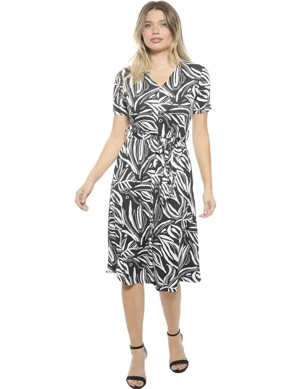 24SEVEN COMFORT APPAREL Abstract Print V-neck A-line Midi Dress - Black Multi