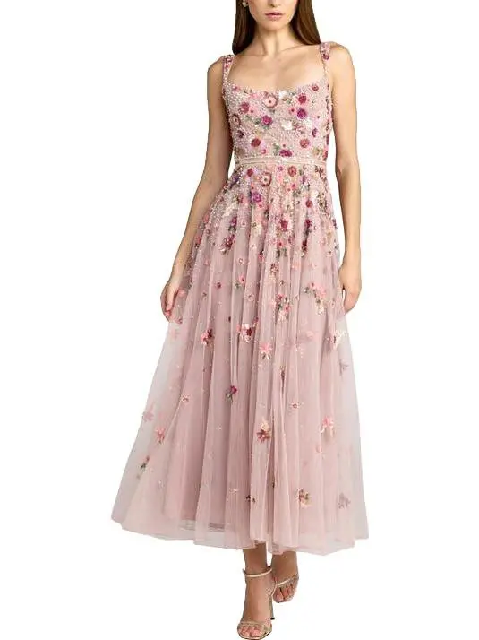 Mac Duggal Sleeveless Hand Beaded Midi Dress - Vintage Rose Multi