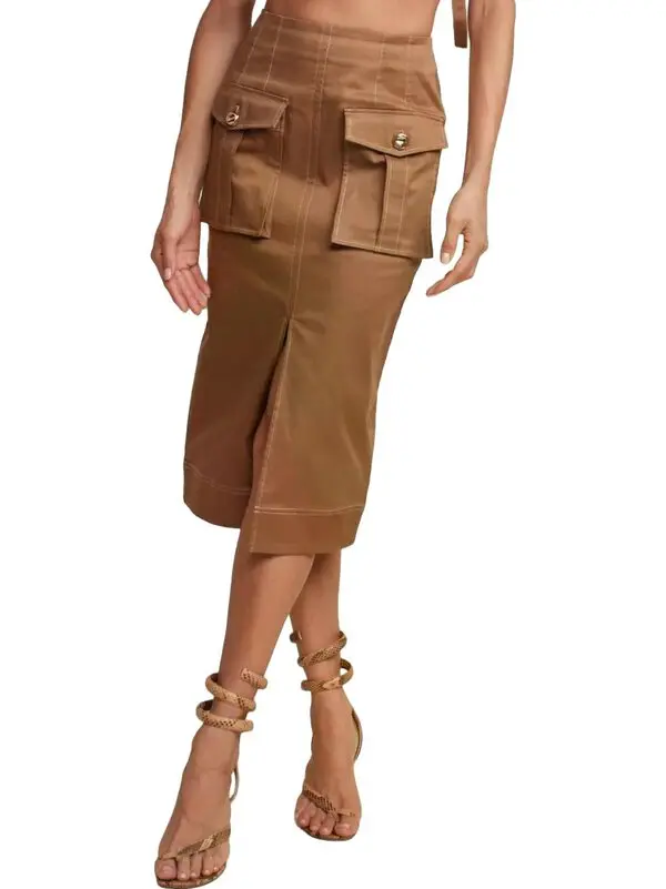 HEVRON Contrast-stitch Flap-pocket Midi Skirt - Brown