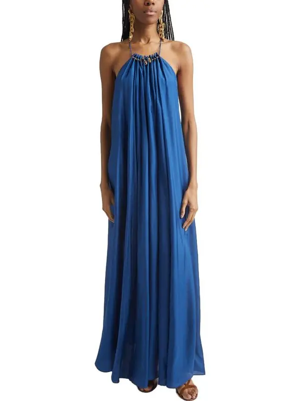 Zimmermann Aster Gathered Bead Silk Maxi Dress - Dark Cobalt