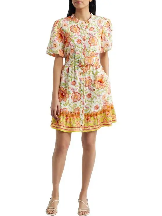Sam Edelman Floral Puff Sleeve Belted Dress - Sunkiss