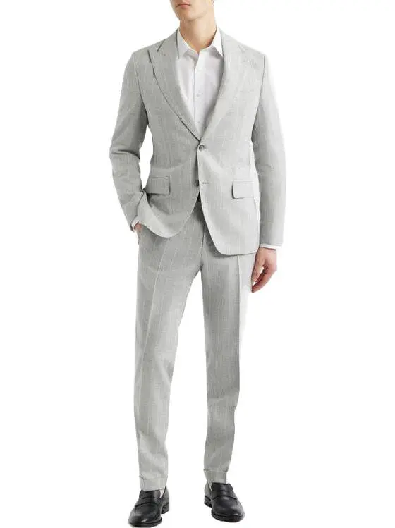 BOSS Huge Slim Fit Light Grey Stripe Peak Lapel Cotton & Wool Suit - Open Grey