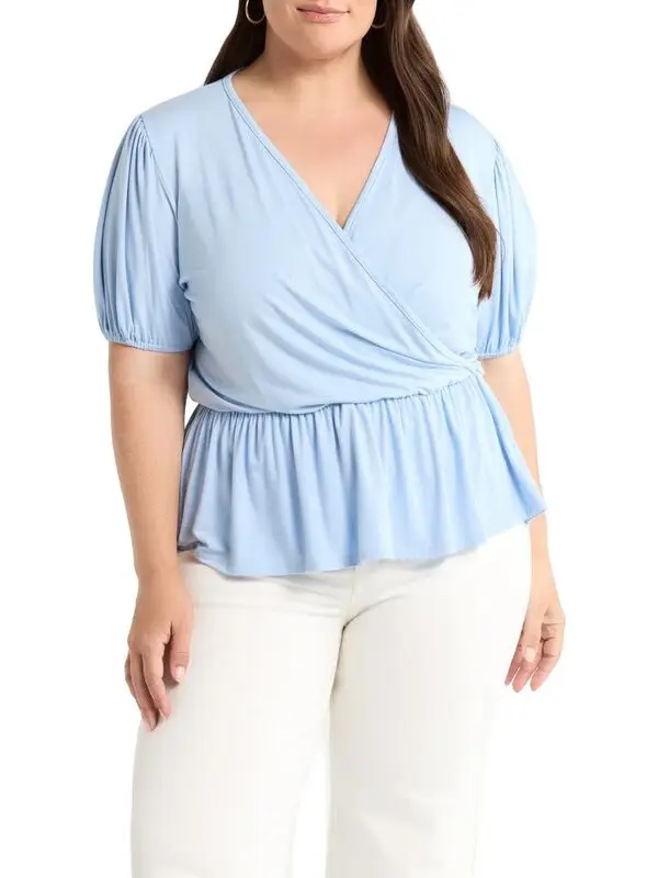 Loveappella Surplice Peplum Top - Sky