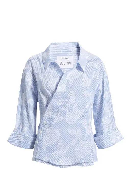 CISSA Floral Appliqué Stripe Cotton Blend Wrap Shirt - Botanic Overlay