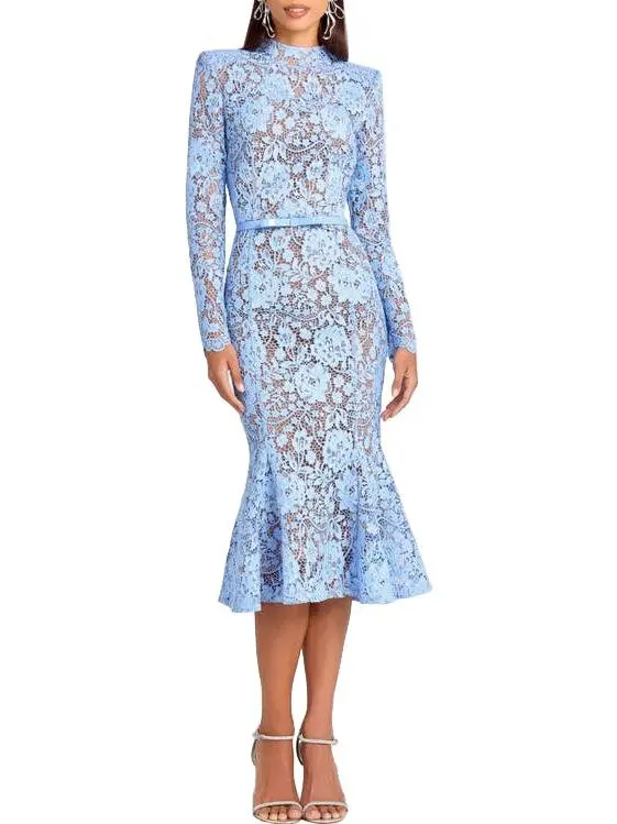 NADINE MERABI Juliette Long Sleeve Lace Cocktail Dress - Blue
