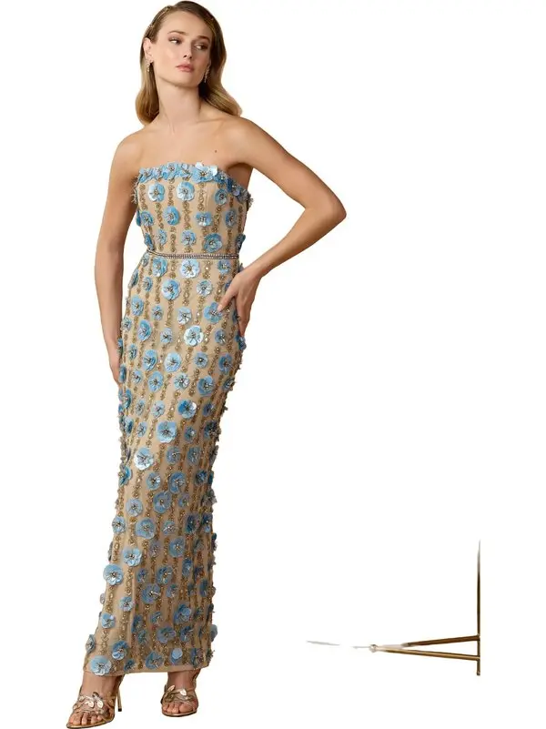 MAC DUGGAL COLLECTION Strapless 3d Floral Embellished Column Gown - Nude Blue